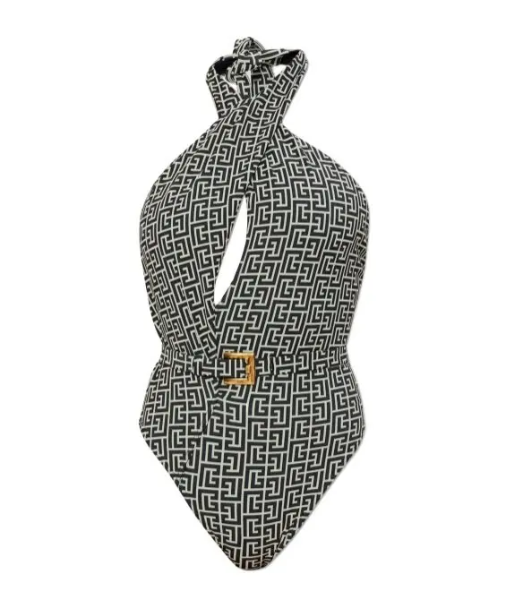 Balmain Geometric Print Halterneck One-piece Swimsuit - Black
