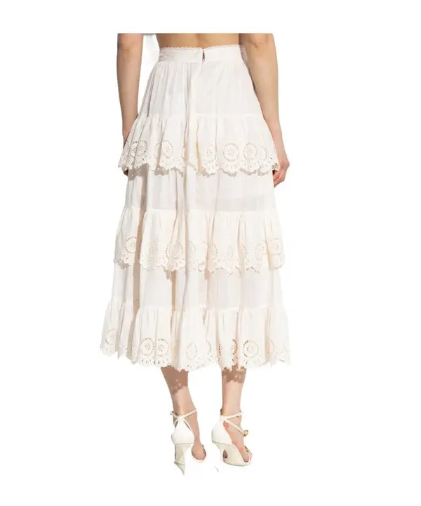Zimmermann Lucky Embroidered Tiered Midi Skirt
