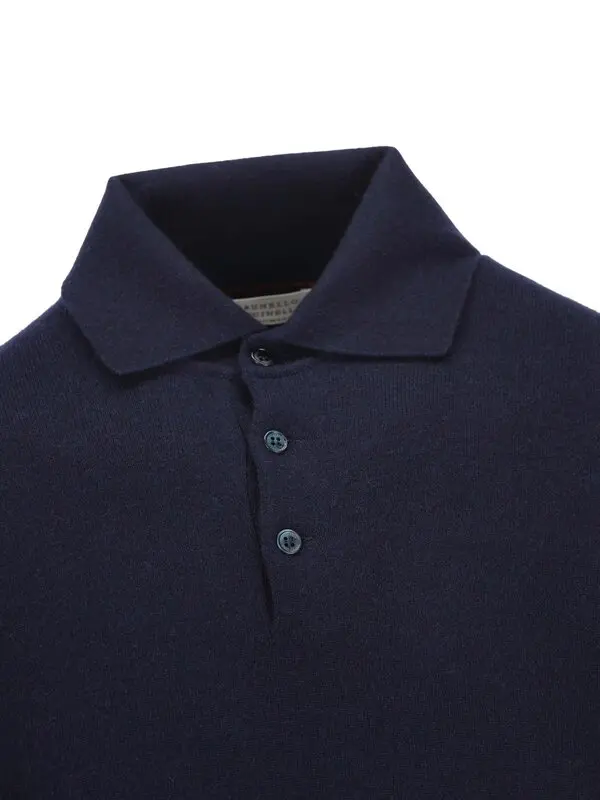 Brunello Cucinelli Long-sleeved Knitted Polo Shirt - Navy Blue