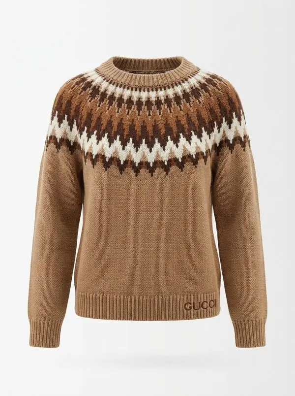 Gucci Fair Isle Intarsia Knit Crewneck Sweater - Camel And Multicolour