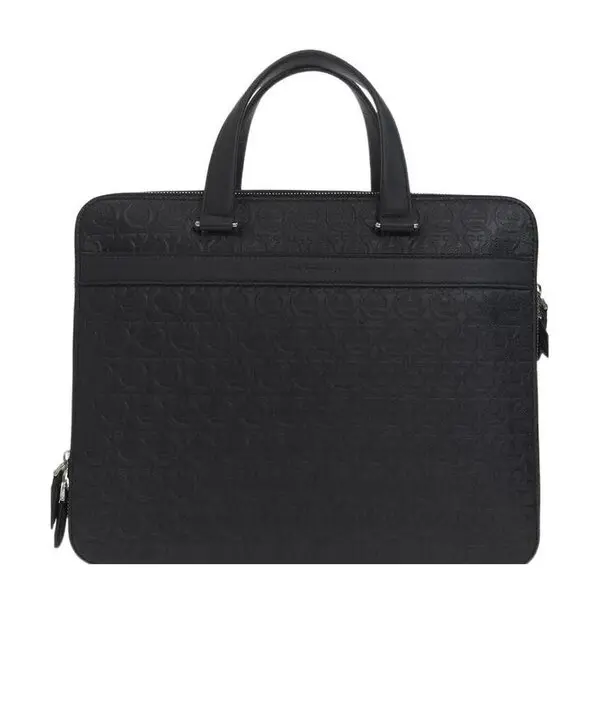 FERRAGAMO Gancini Embossed Leather Briefcase - Black