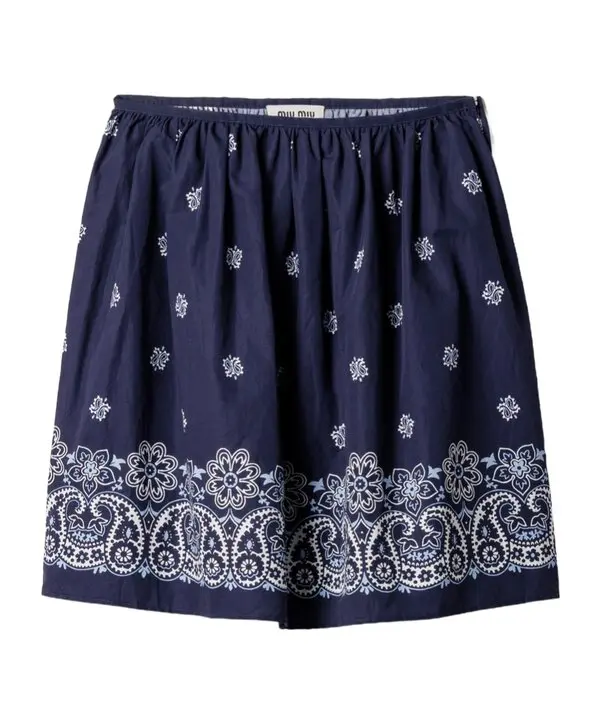Miu Miu Navy Printed Poplin Flared Skirt With Lace Trim