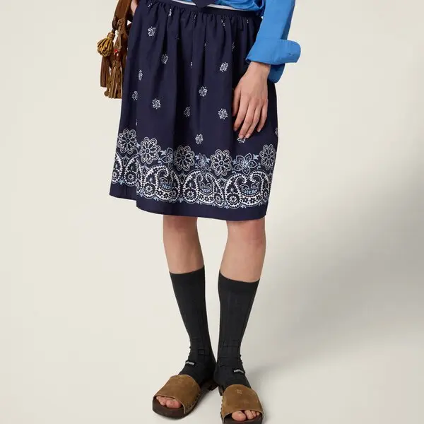 Miu Miu Navy Printed Poplin Flared Skirt With Lace Trim