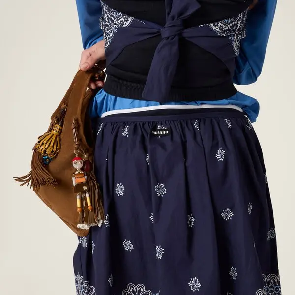 Miu Miu Navy Printed Poplin Flared Skirt With Lace Trim