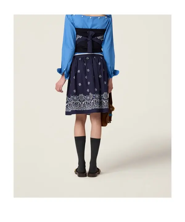Miu Miu Navy Printed Poplin Flared Skirt With Lace Trim