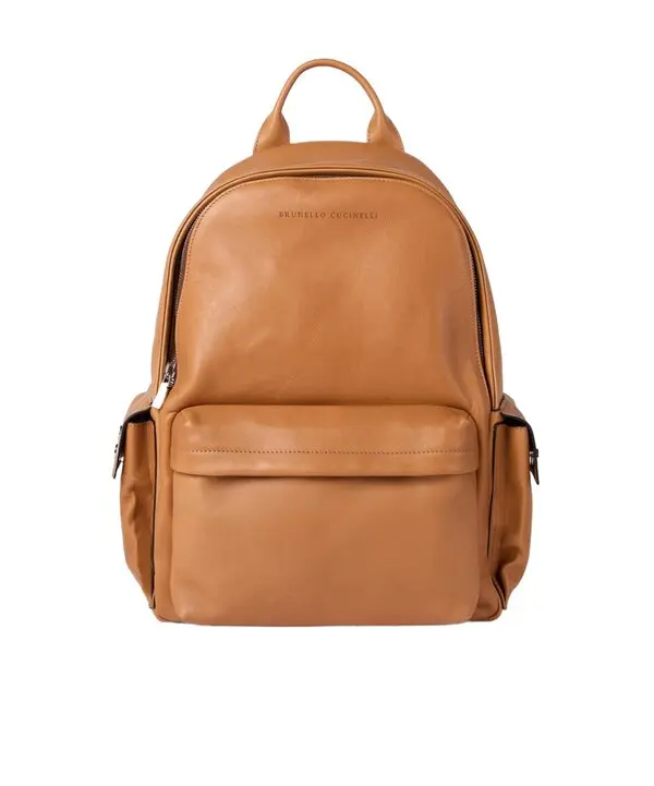 Brunello Cucinelli Leather Backpack With Logo - Cognac