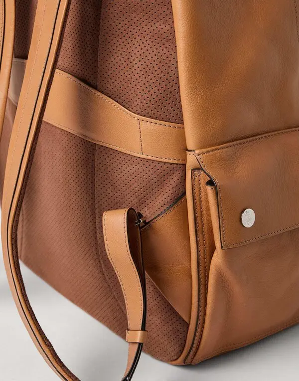 Brunello Cucinelli Leather Backpack With Logo - Cognac