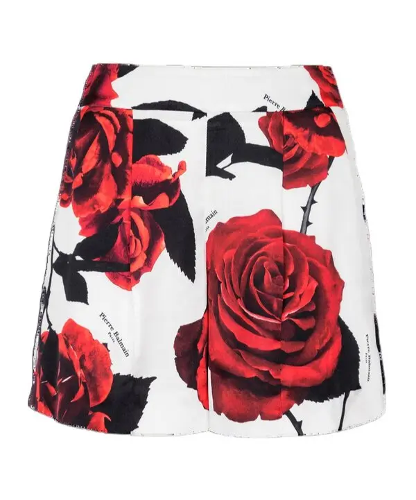 Balmain Rose Printed Satin Shorts - Red
