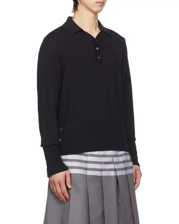 Thom Browne Long Sleeve Polo W/ 4bar Cuff In Fine Merino Wool - Navy Blue
