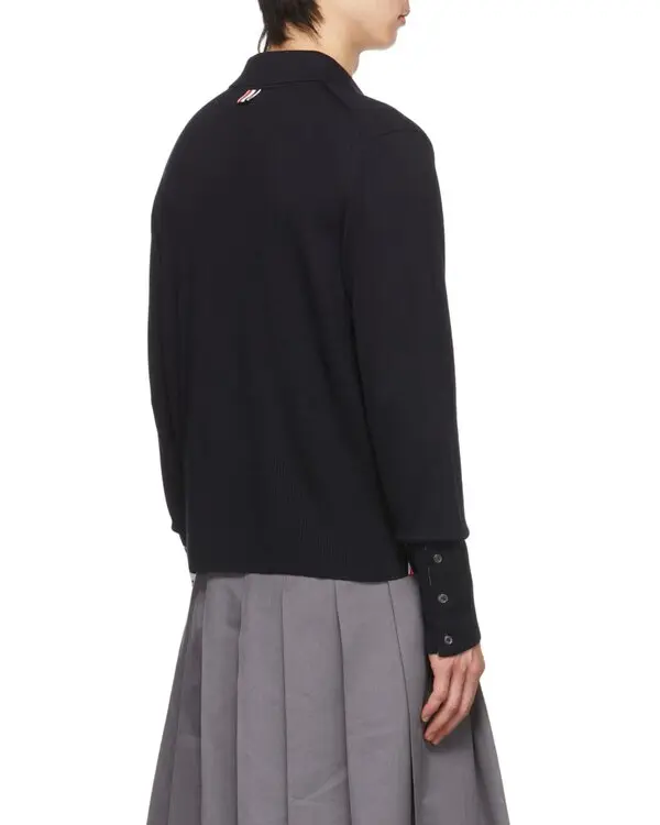 Thom Browne Long Sleeve Polo W/ 4bar Cuff In Fine Merino Wool - Navy Blue