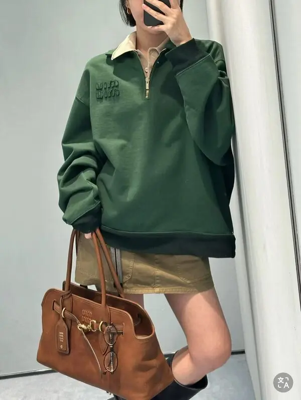 Miu Miu Long Sleeve Oversized Half-zip Polo Shirt - Green