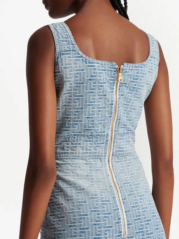 Balmain Monogram Debossed Square Neck Denim Mini Dress