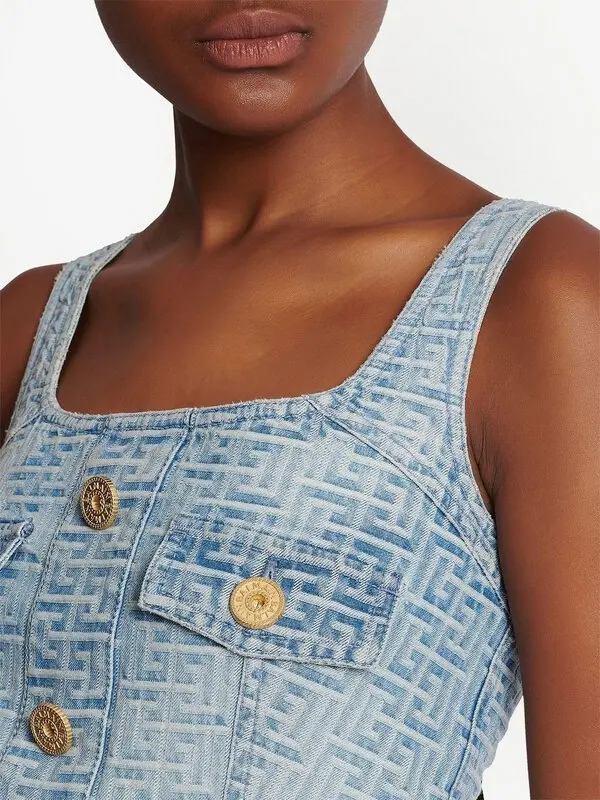 Balmain Monogram Debossed Square Neck Denim Mini Dress