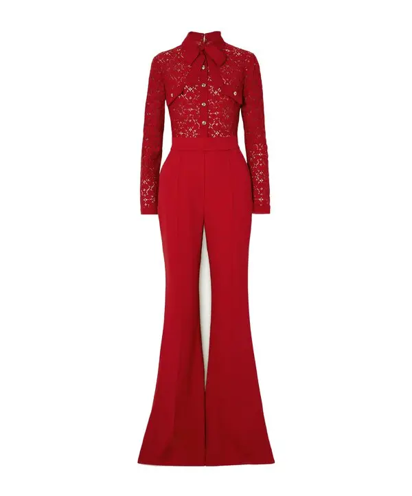Elie Saab Corded Lace And Crepe Jumpsuit With Pussy-bow Detail - Red