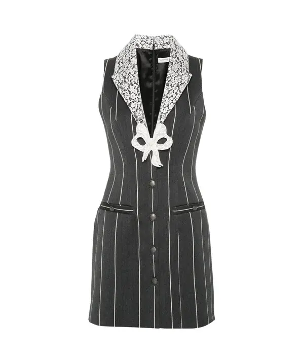 Alessandra Rich Sleeveless Pin-stripe Dress With Lace Lapels And Bow Detail - Black