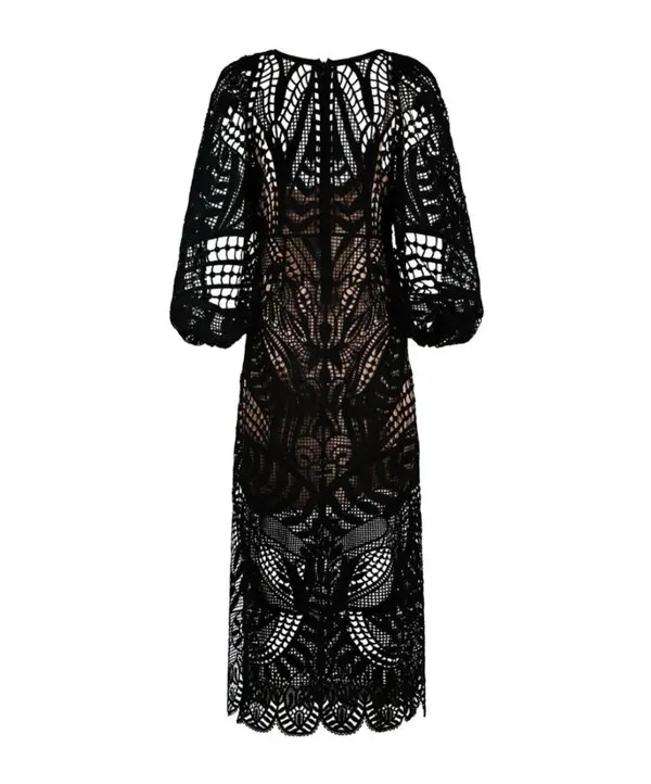 Farm Rio Guipure Lace Midi Dress With Puff Sleeves