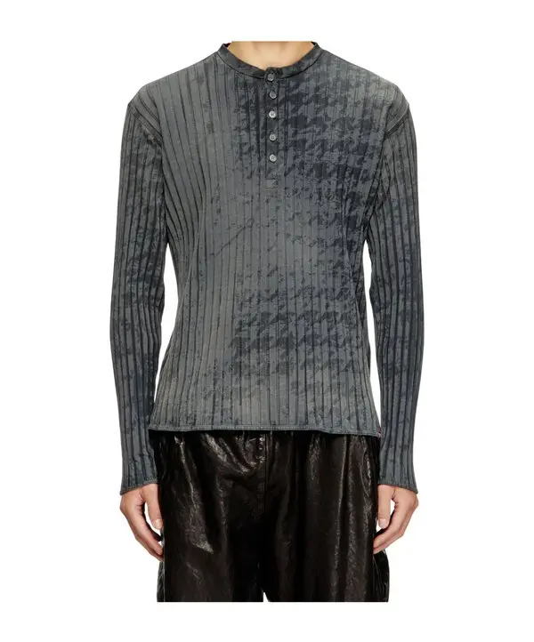 DIESEL® Ribbed Henley Top With Houndstooth Motif