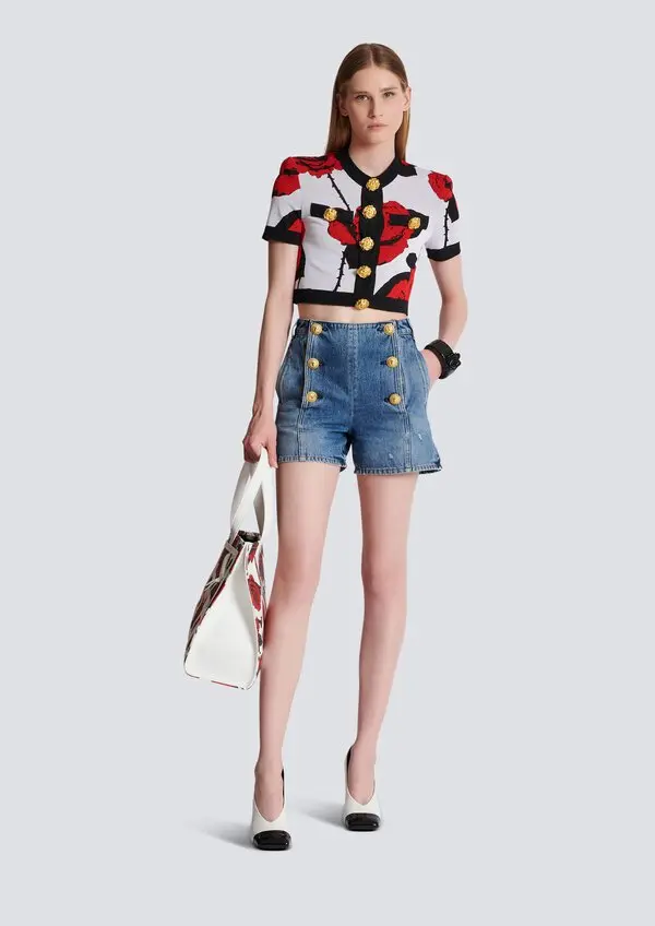 Balmain Red Roses Jacquard Knit Cardigan