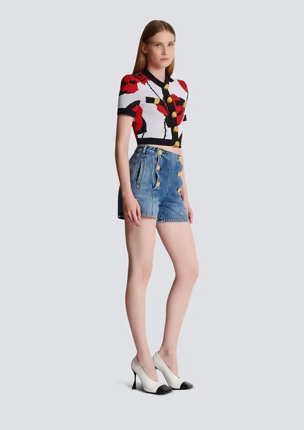 Balmain Red Roses Jacquard Knit Cardigan