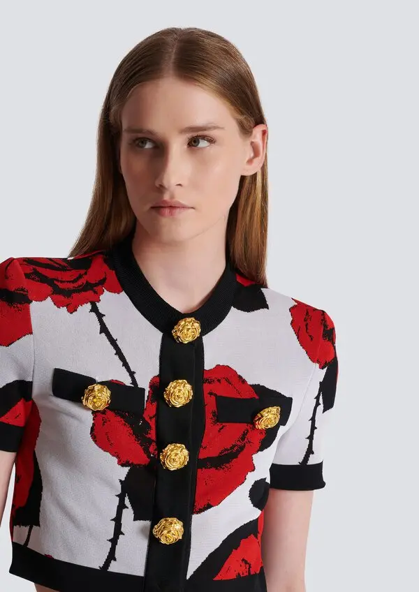 Balmain Red Roses Jacquard Knit Cardigan