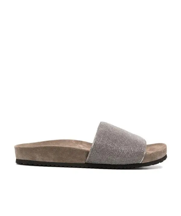 Brunello Cucinelli Embellished Logo Flat Sandals - Silver