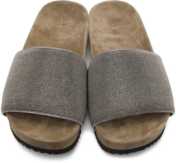 Brunello Cucinelli Embellished Logo Flat Sandals - Silver