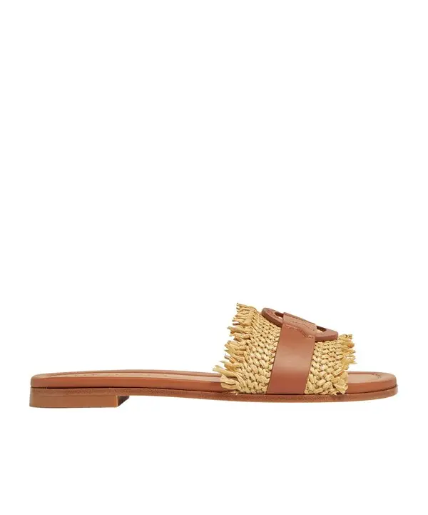 Moncler Bell Raffia Leather Sliders - Beige/brown