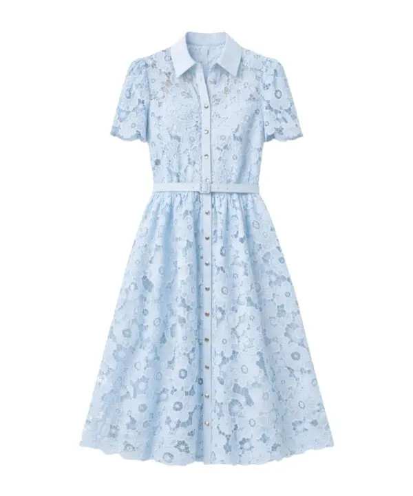 SELF-PORTRAIT Floral Lace Belted Dress - Blue