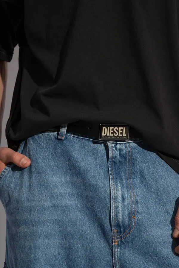 DIESEL® Logo Plaque Leather Belt - Black