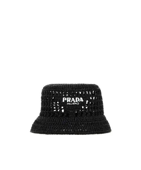 Prada Woven Bucket Hat With Embroidered Logo - Black