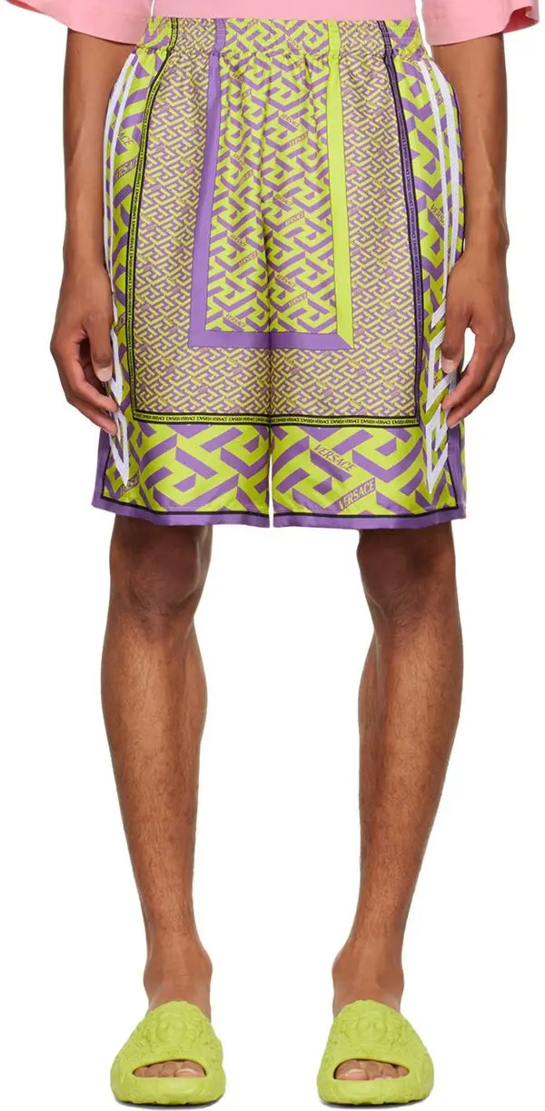 Versace Greca Pattern Logo Printed Shorts - Green