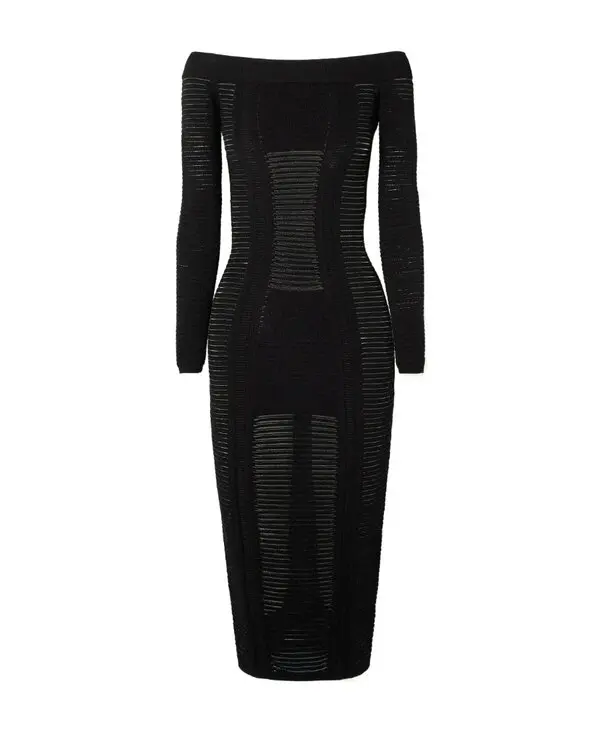 Balmain Off-the-shoulder Long Sleeve Midi Dress