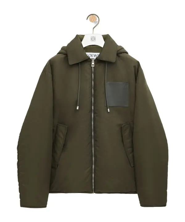 Loewe Hooded Jacket In Nylon With Leather Accents - Khaki Green