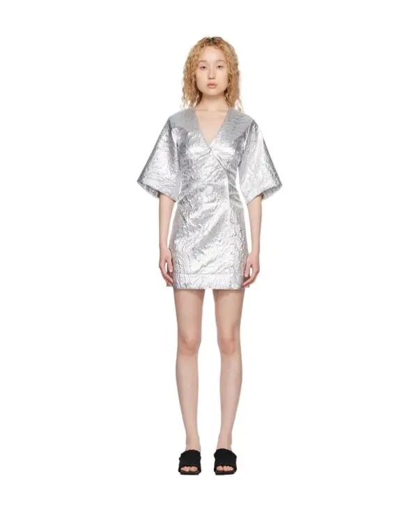 GANNI Metallic Jacquard V-neck Mini Dress