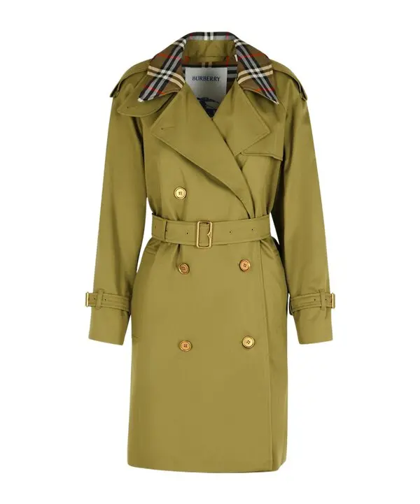 Burberry Double Breasted Belted Trench Coat With Checked Collar