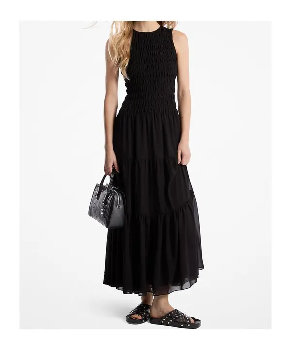 Michael Kors Smocked Georgette Tank Maxi Dress - Black