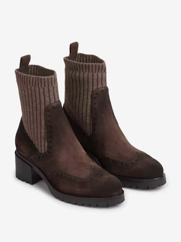 Santoni Suede Wingtip Boots With Elasticated Band And Block Heel