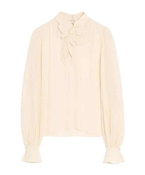 Valentino Garavani Long Sleeve Bow Neck Blouse With Embroidered Flowers - Nude