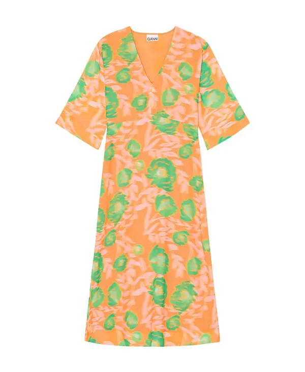 GANNI V-neck Midi Dress With Loose Sleeves And Floral Print - Pink