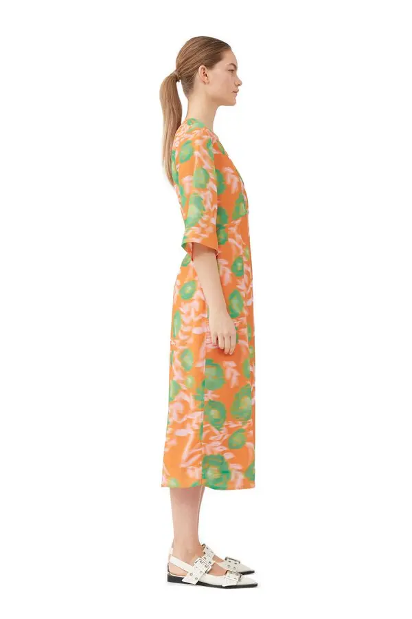 GANNI V-neck Midi Dress With Loose Sleeves And Floral Print