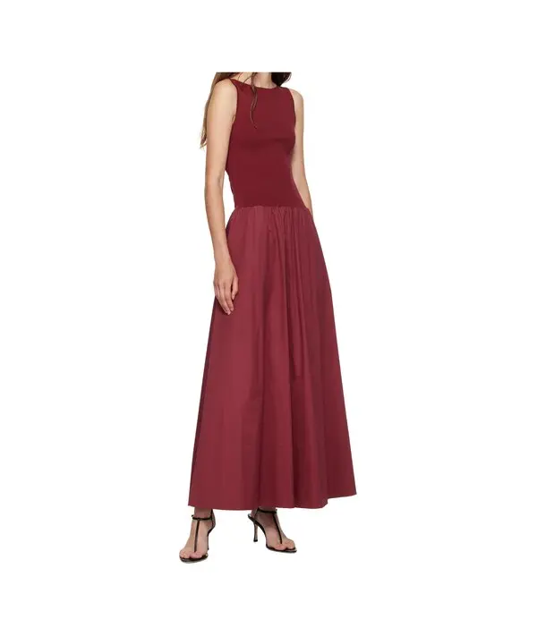 ST. AGNI Ribbed Sleeveless Boatneck Dress With Pleated Waist And Slit