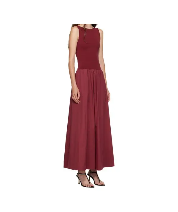 ST. AGNI Ribbed Sleeveless Boatneck Dress With Pleated Waist And Slit