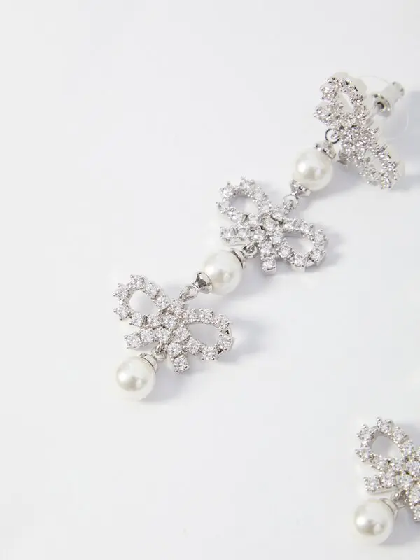 SELF-PORTRAIT Crystal And Faux Pearl Bow Drop Earrings - Silver