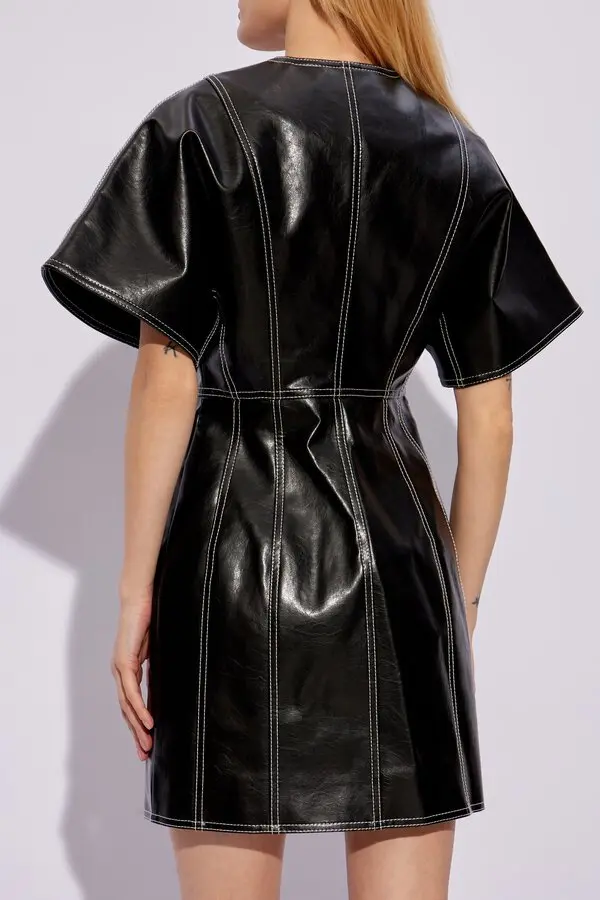 GANNI Faux Leather V-neck Button-up Dress With Contrast Stitching