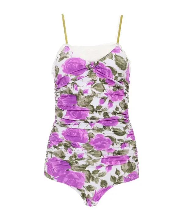 Chloé Rose-print Ruched Bodysuit - White/purple