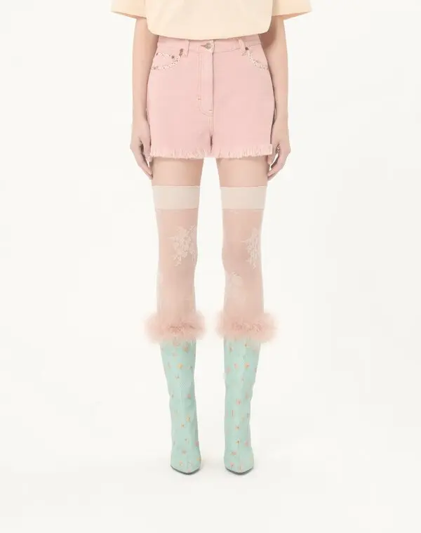 Valentino Garavani Frayed Hem Denim Shorts With Floral Pocket Detail - Pink