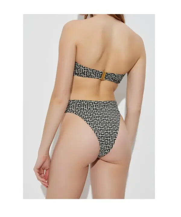 Balmain Geometric Print Belted Strapless Bikini