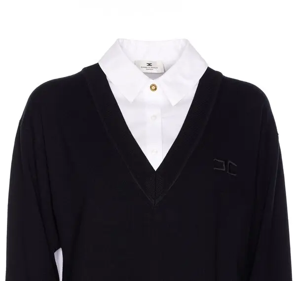 Elisabetta Franchi Logo-embroidered V-neck Dress With Shirt Detail - Black