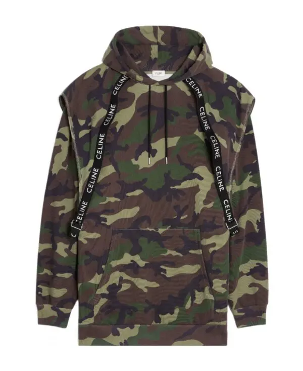 Celine Camouflage Cotton Fleece Hoodie With Logo Trim