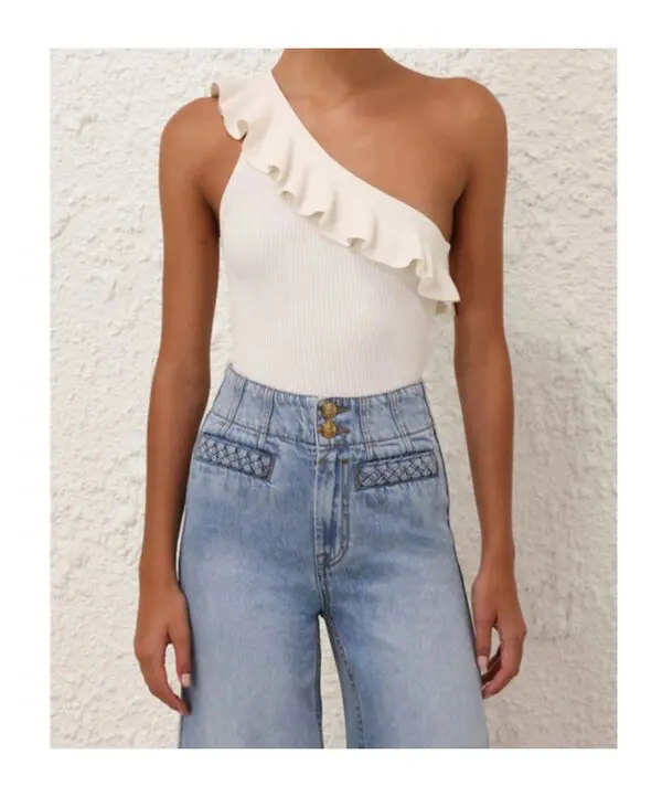 Zimmermann Rhiannon Frill Asymmetric Tank Top - Parchment